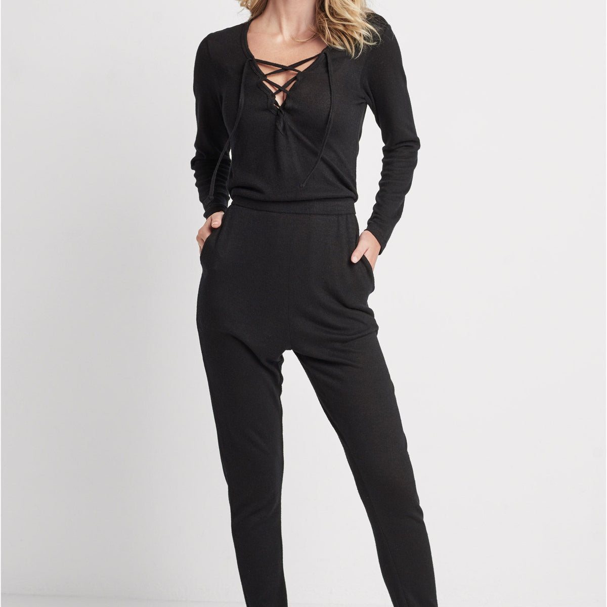 Cozy Hacci Lace-Up Jumpsuit - Black – Venus Fashion