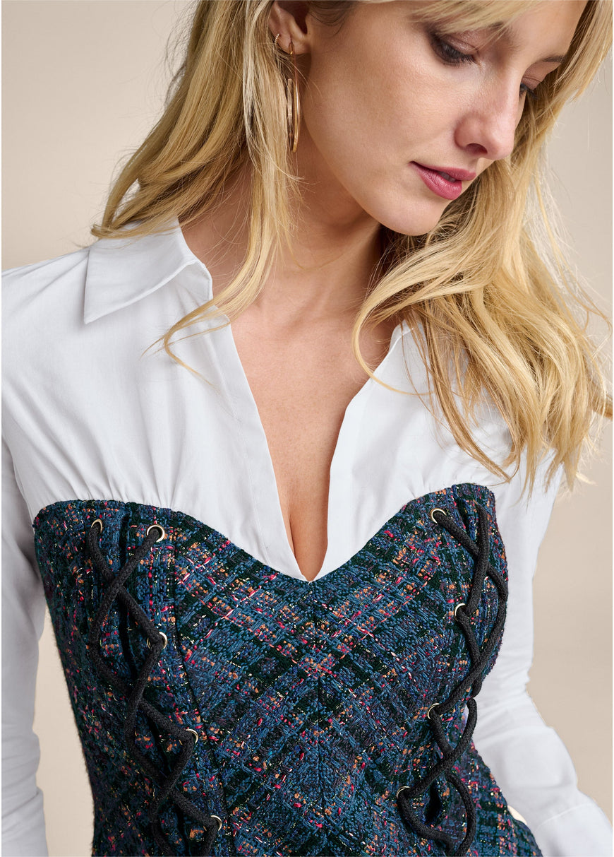 Layered tweed bustier top - Navy Multi – VENUS