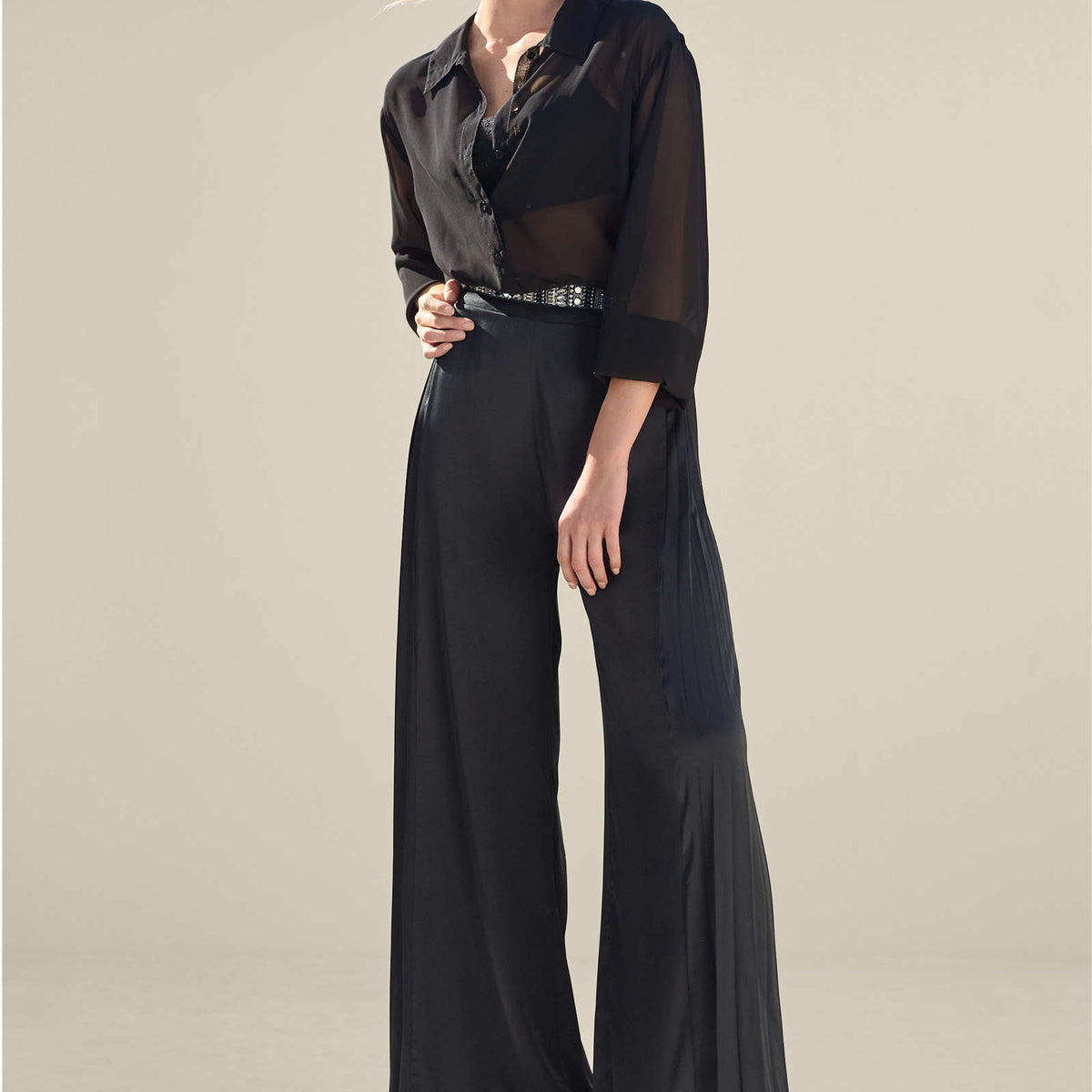Side Pleat Wide Leg Pants - Jet Black – VENUS