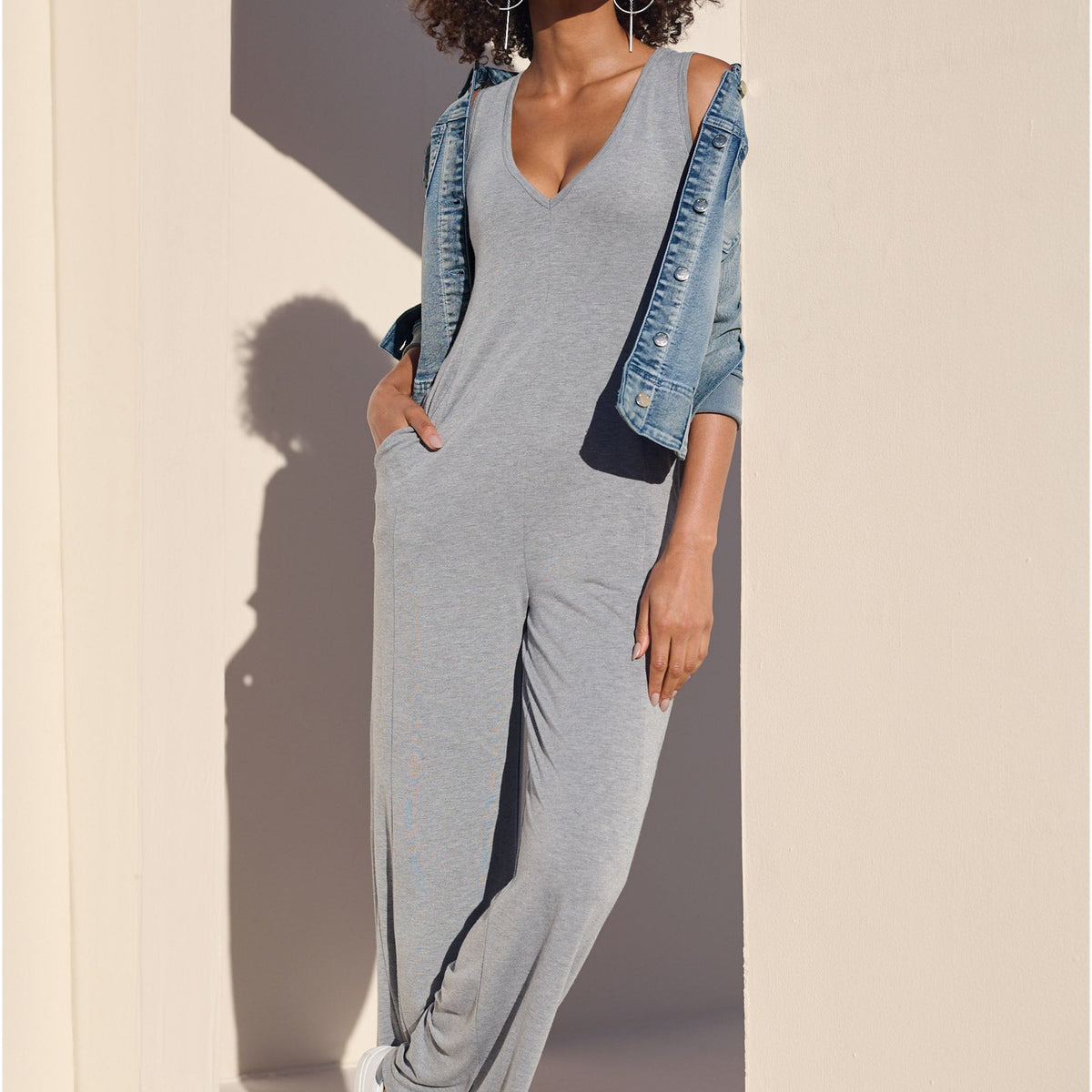 Relaxed V-Neck Jumpsuit - Heather Grey – VENUS