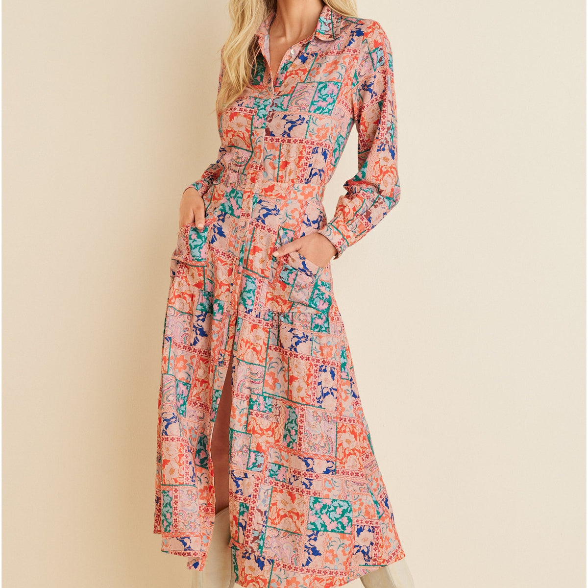 Cotton Linen Shirt Midi Dress - Venetian Patchwork – VENUS