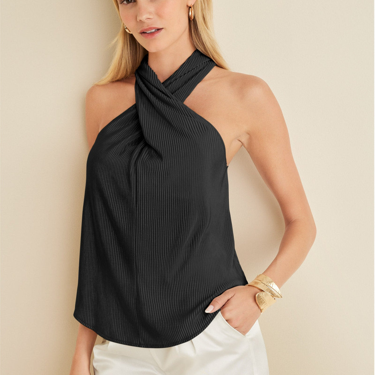 Plisse Cross Neck Tank - Jet Black – VENUS