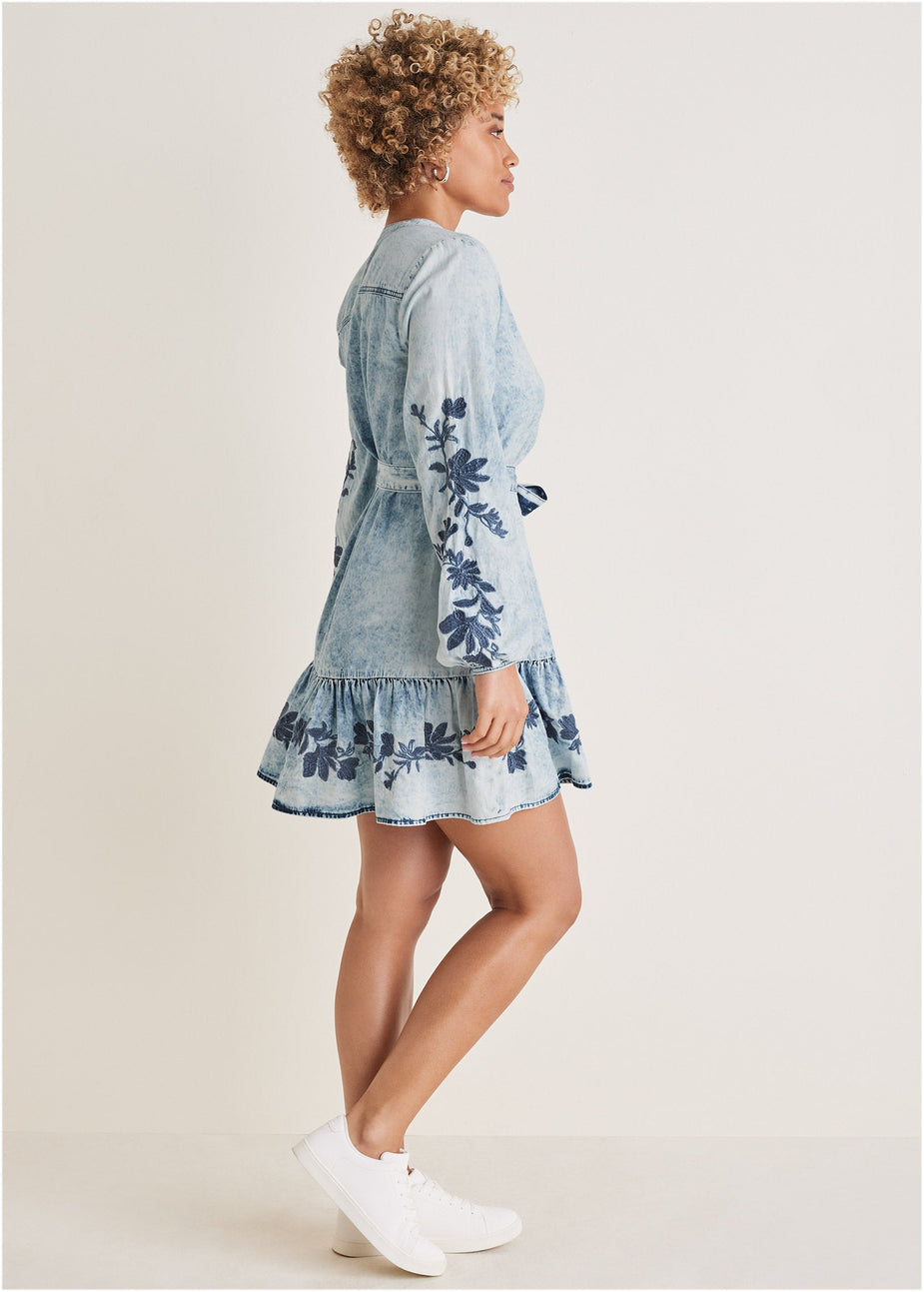 Embroidered Denim Dress - Acid Wash – VENUS