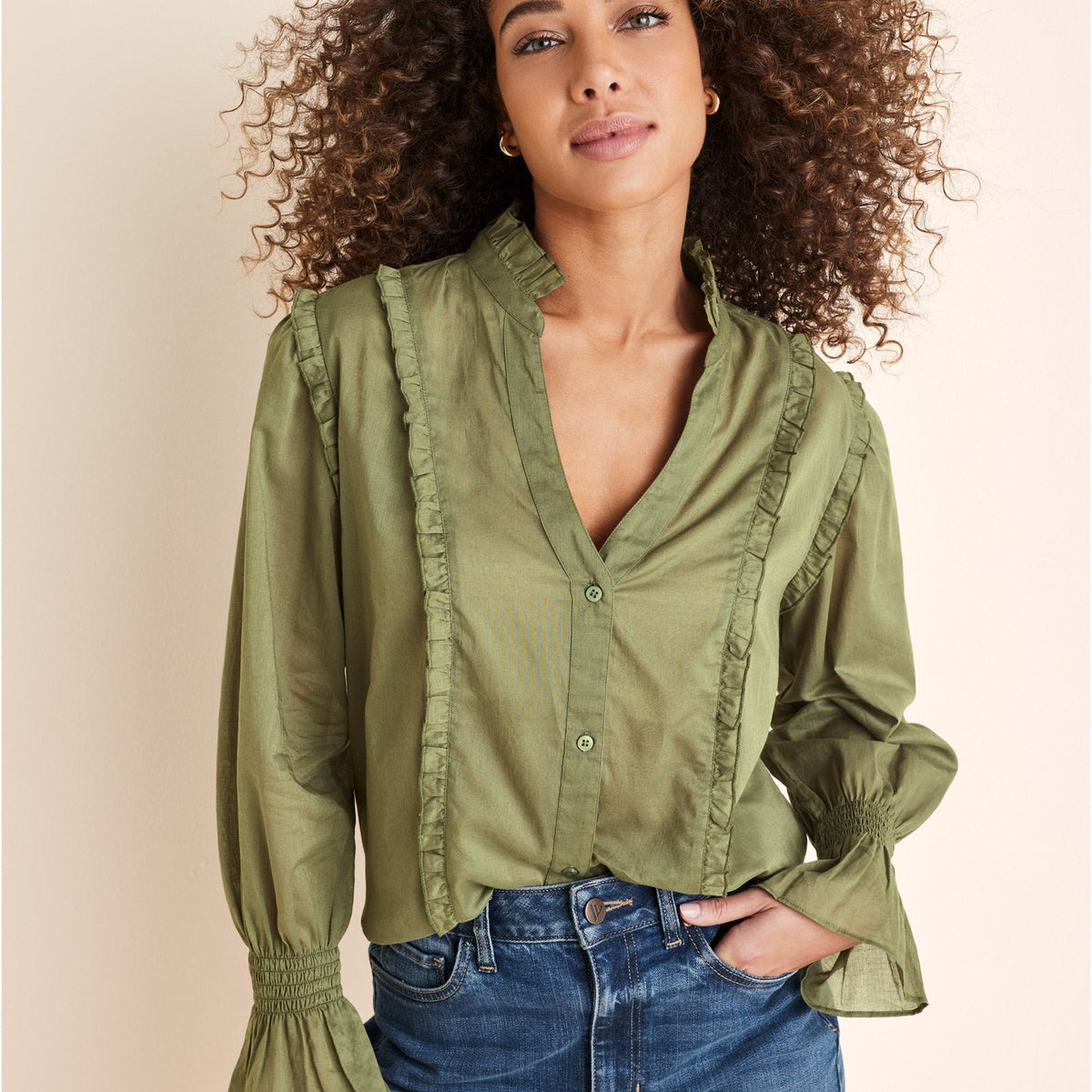 Ruffle Button-Front Top - Olive – VENUS