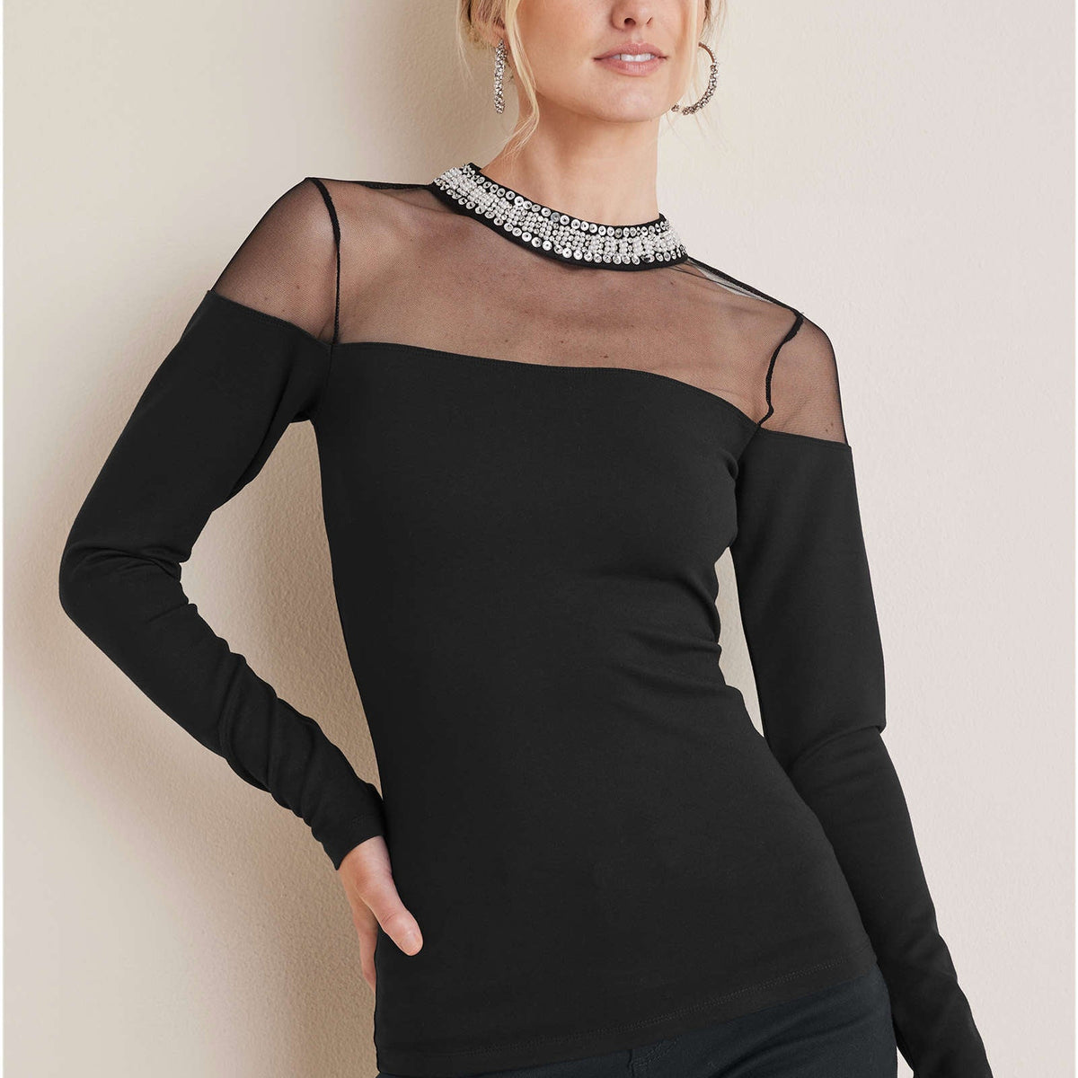 Embellished Neck Mesh Top - Jet Black – VENUS