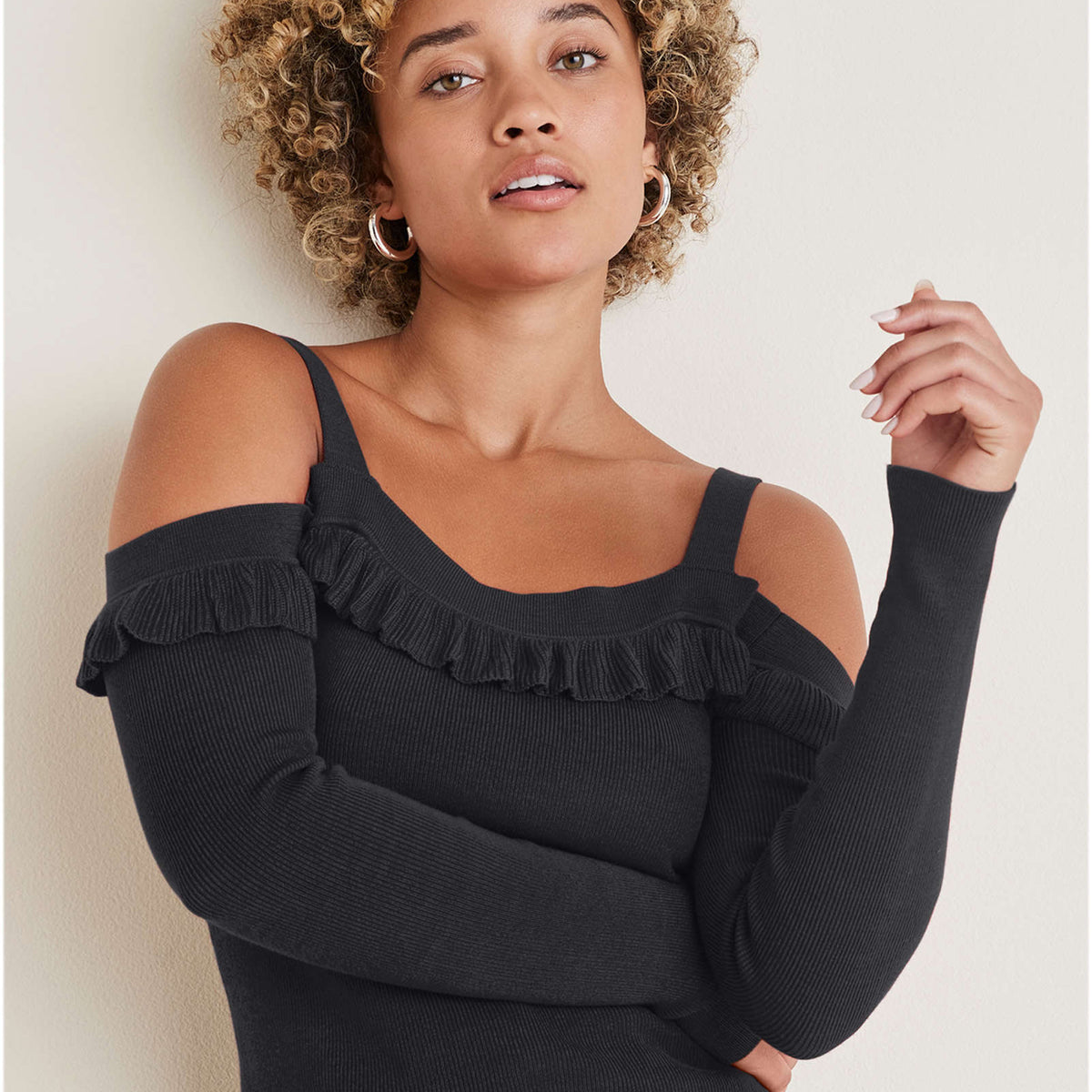 Cold Shoulder Ruffle Top - Jet Black – VENUS