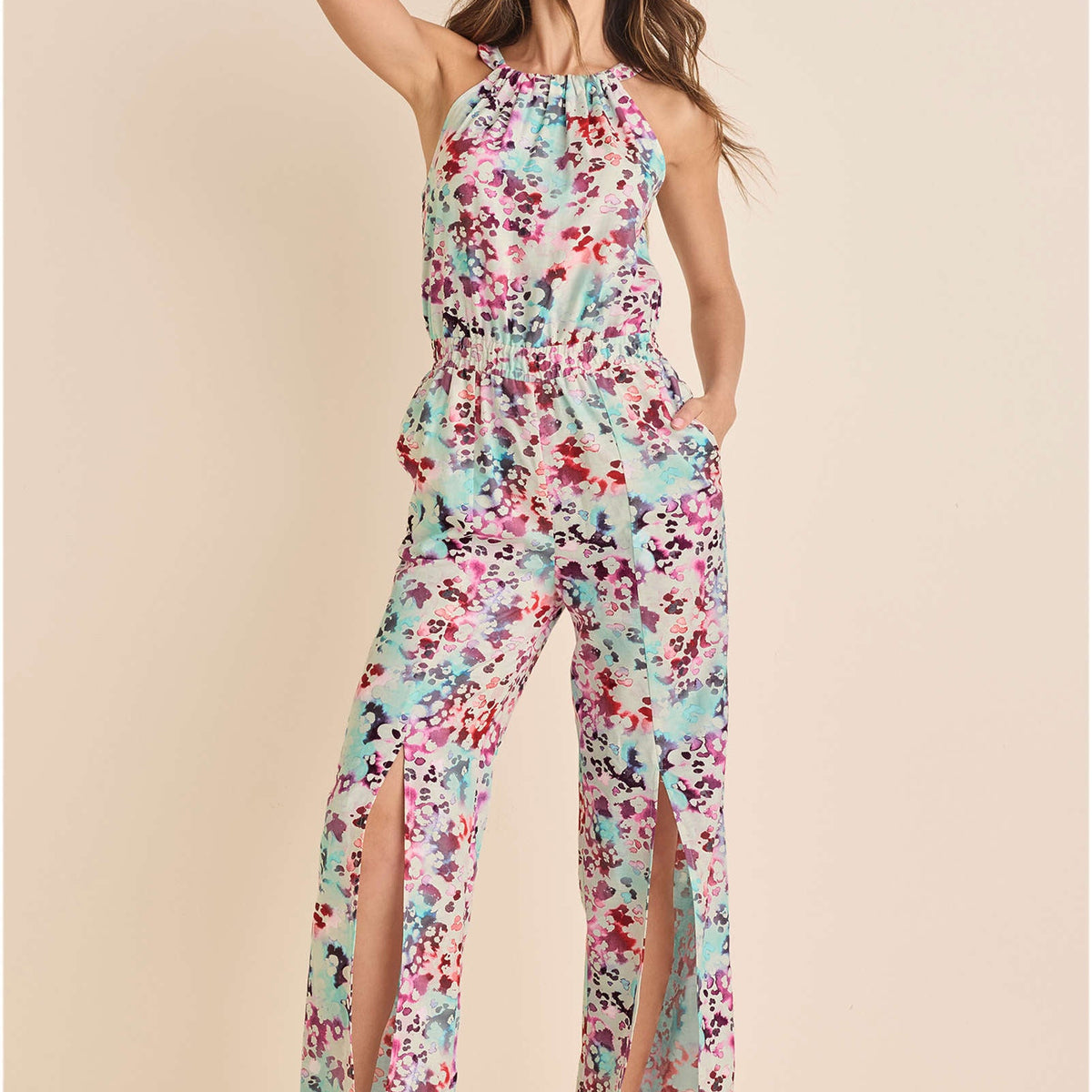 Linen Front Slit Jumpsuit - Gouache Leopard Multi – VENUS