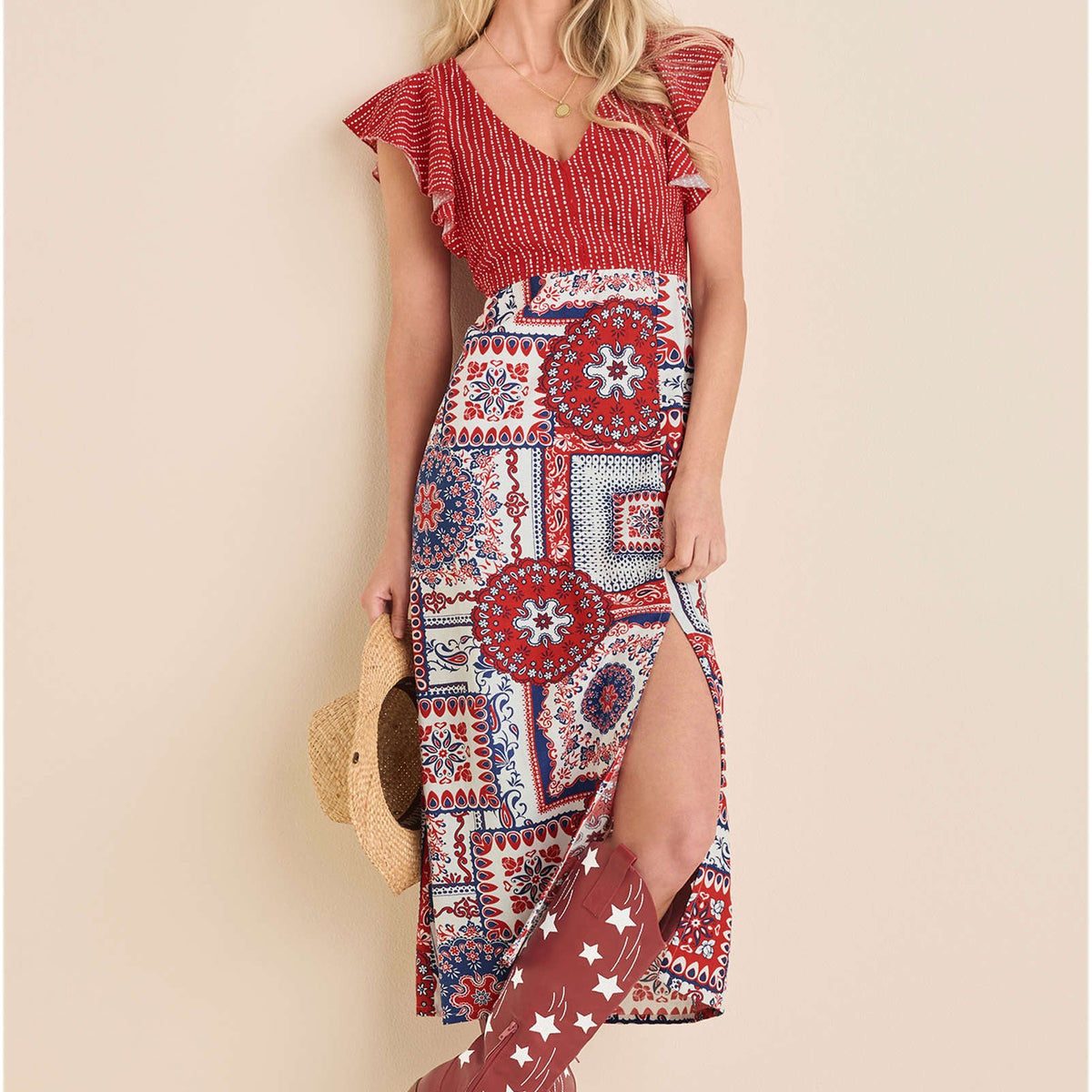 Linen V-Neck Maxi Dress - Heritage Bandana Medley – VENUS
