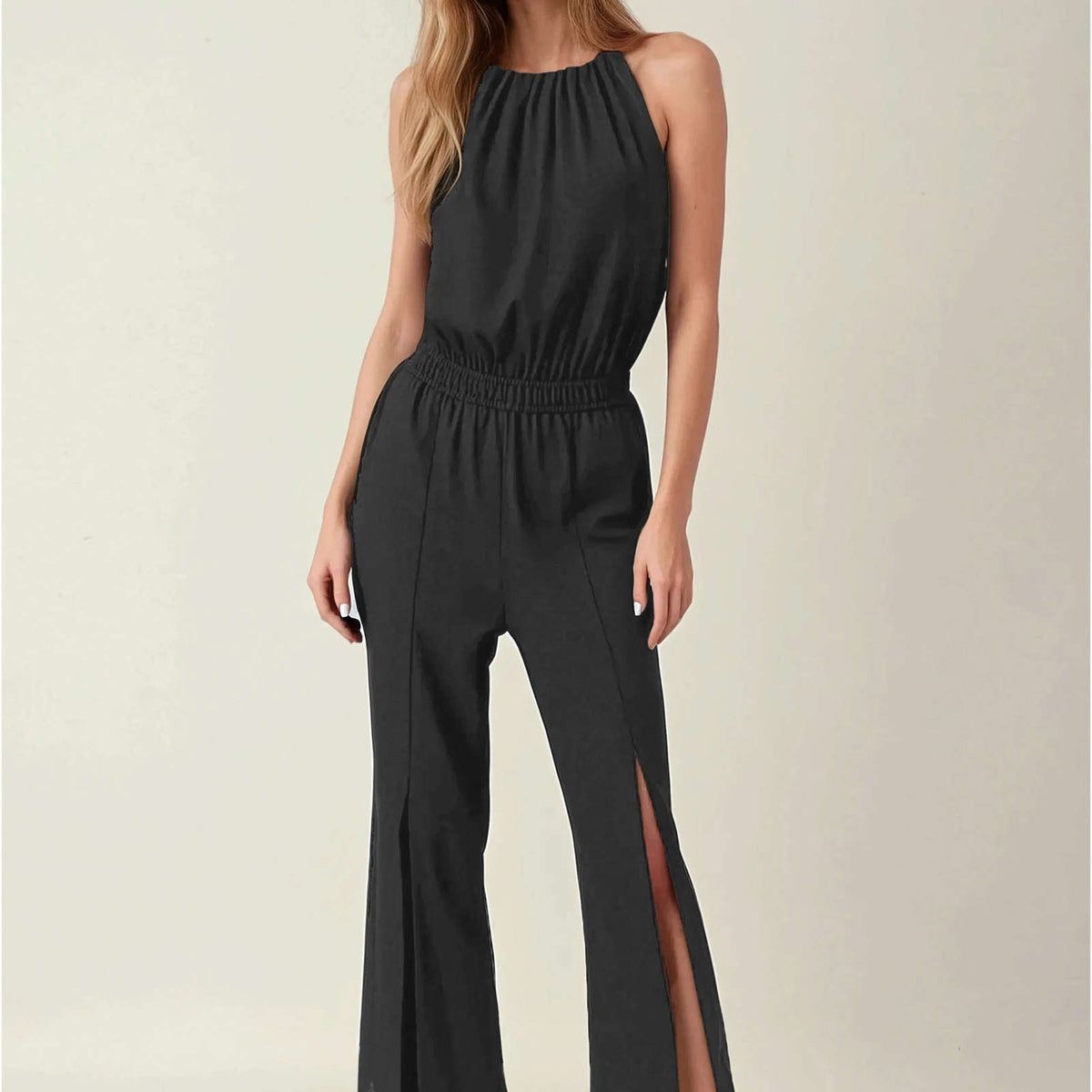 Linen Front Slit Jumpsuit - Jet Black – VENUS